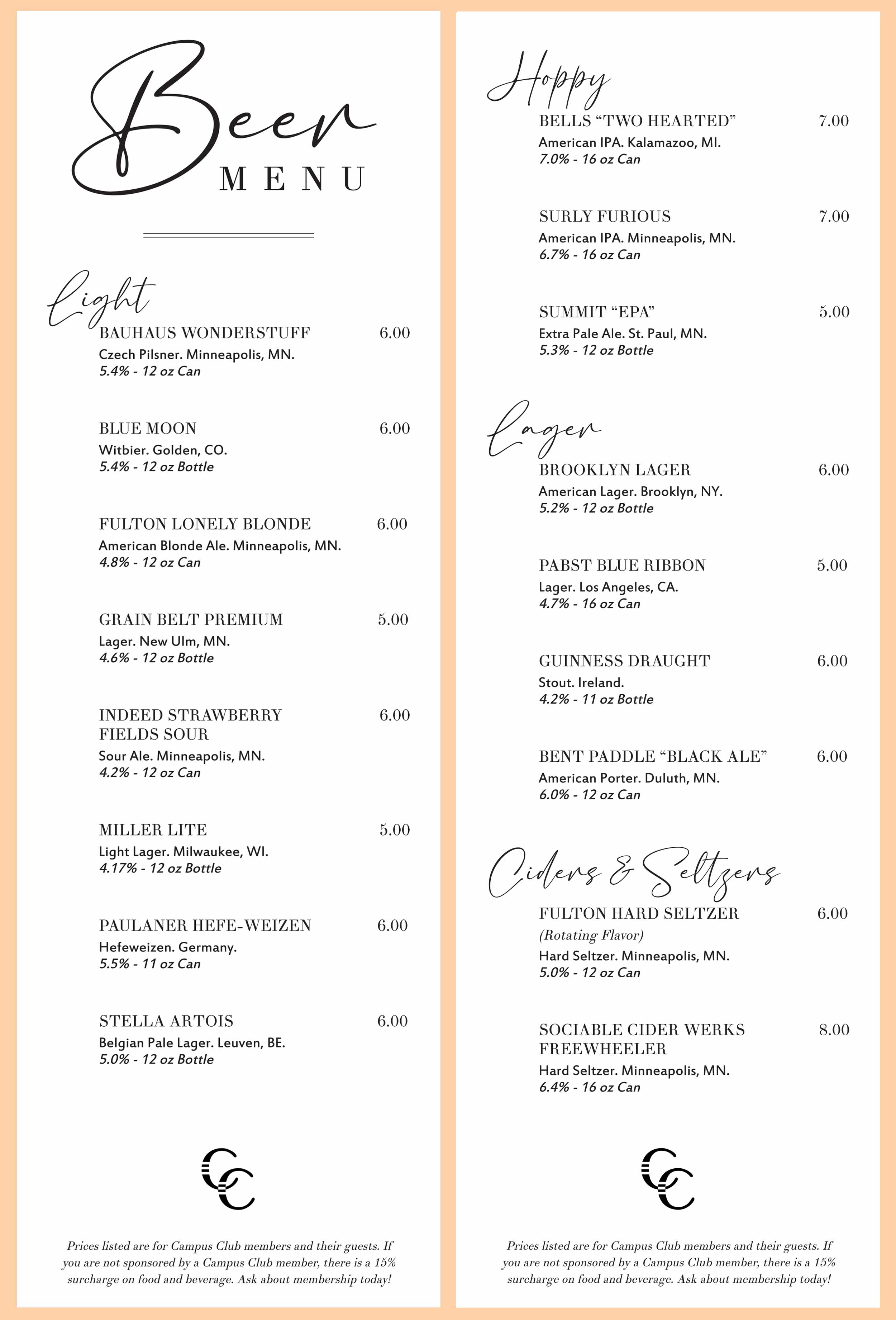 Bar Menus - Campus Club
