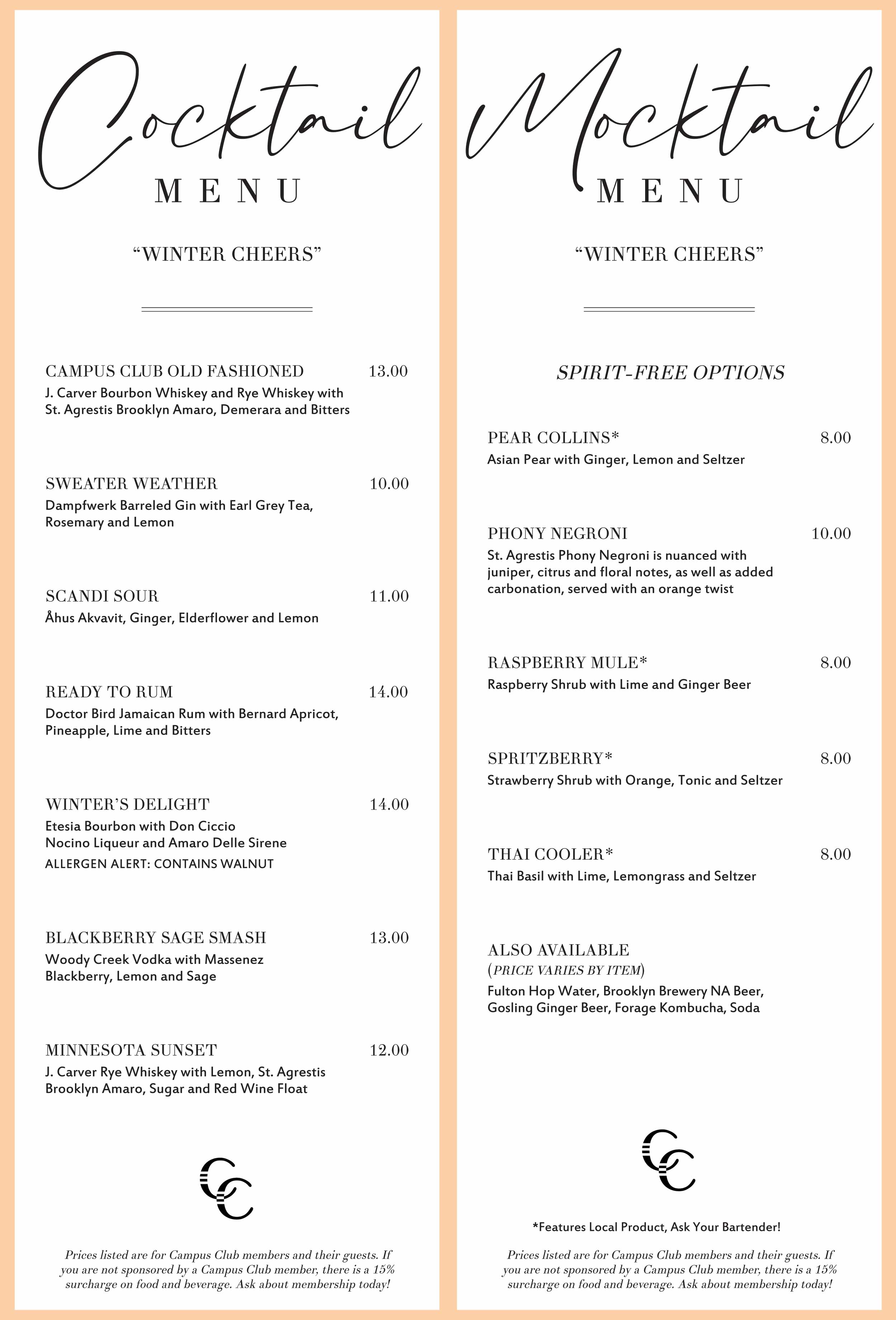 Bar Menus - Campus Club