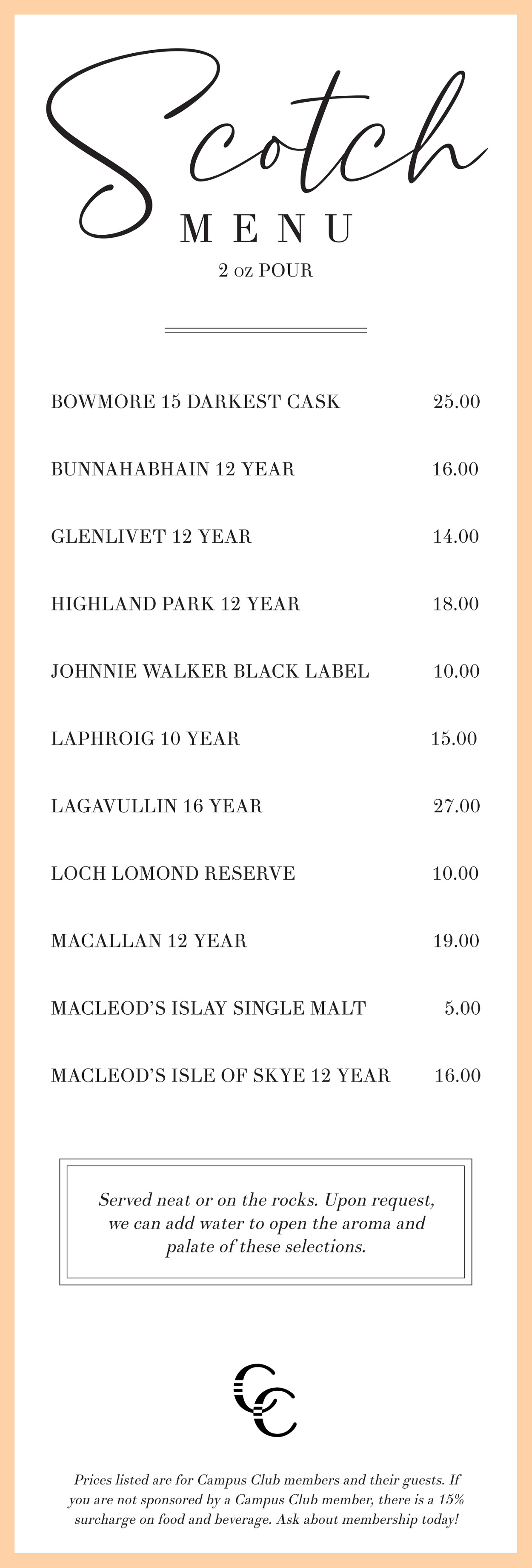 Bar Menus - Campus Club