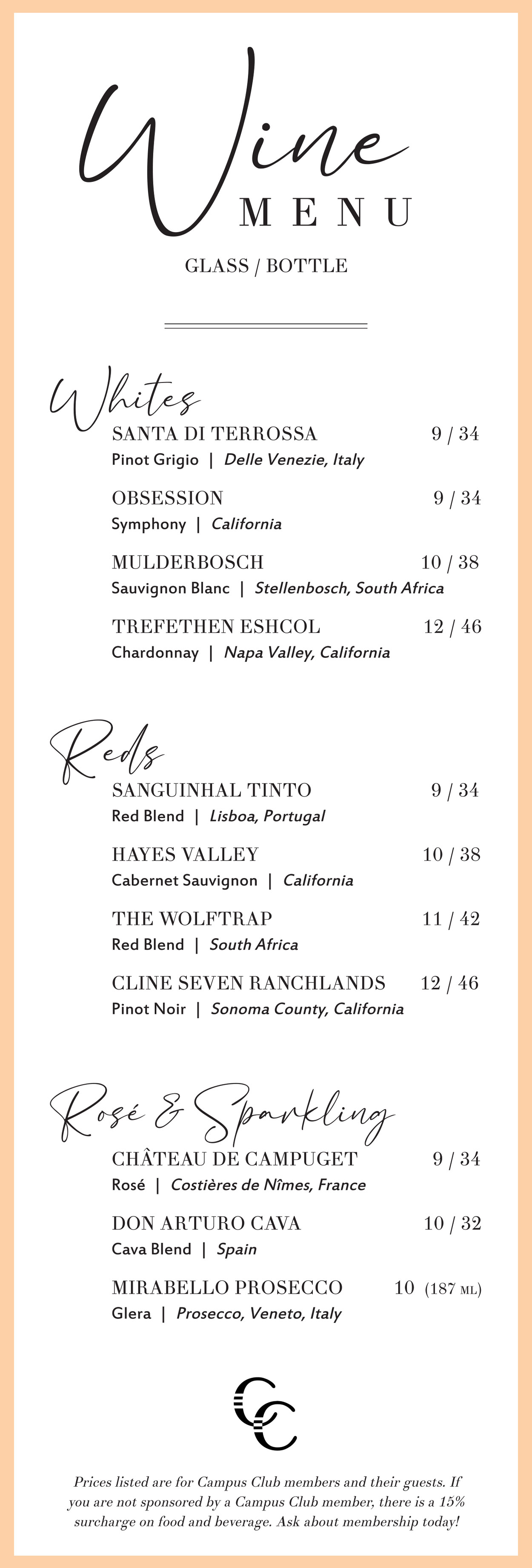 Bar Menus - Campus Club